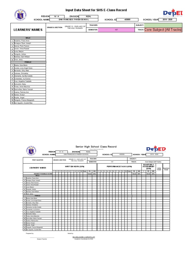Input Data Sheet For SHS E-Class Record: Learners' Names | PDF