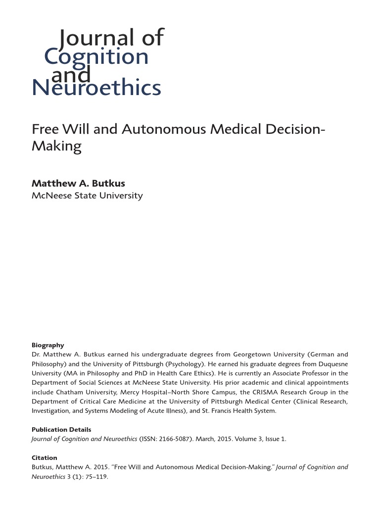 Cognition Neuroethics: Journal of and | PDF | Autonomy | Decision Making
