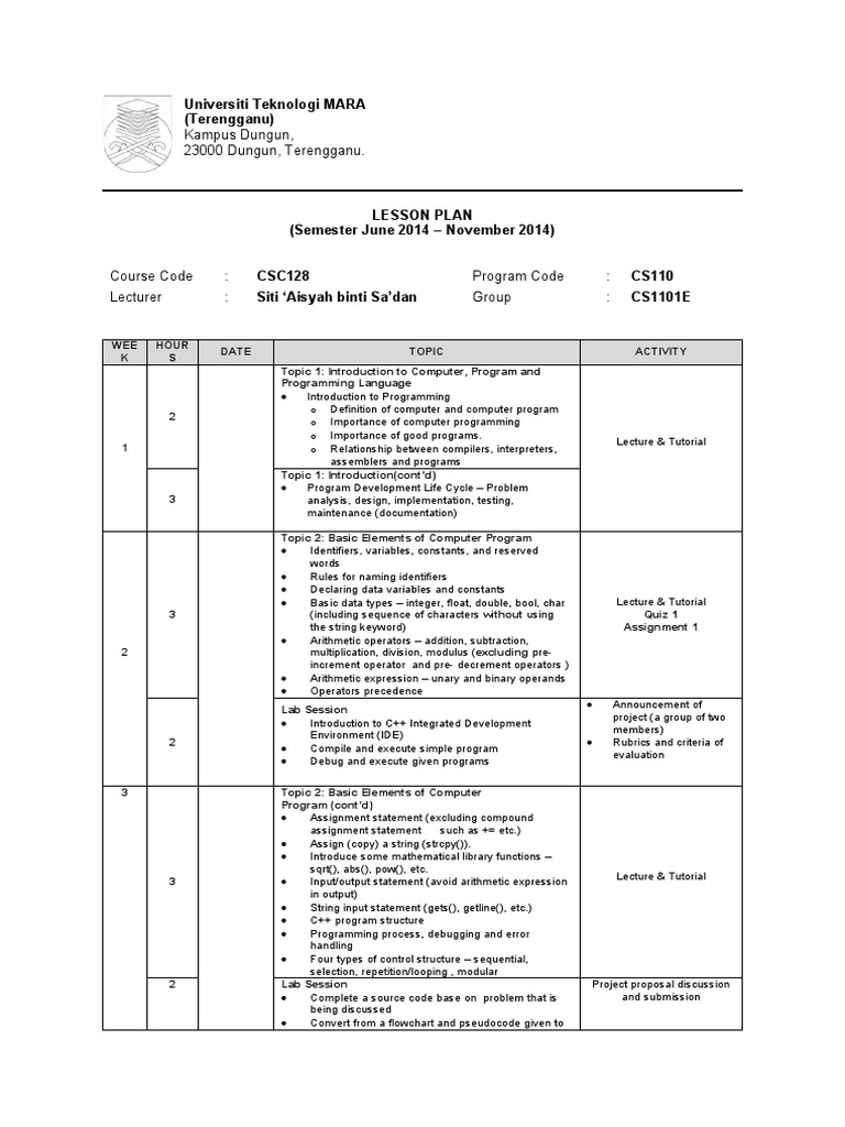 CSC128 - Lesson Plan (1E) | PDF | Control Flow | Subroutine