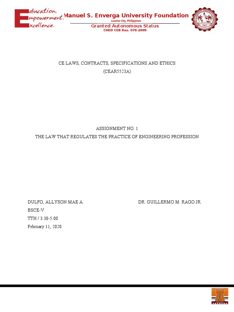 Manuel S. Enverga University Foundation: Ce Laws, Contracts, Specifications and Ethics ...