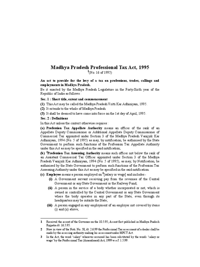 Madhya Pradesh Professional Tax Act, 1995 | PDF | Salary | Taxes