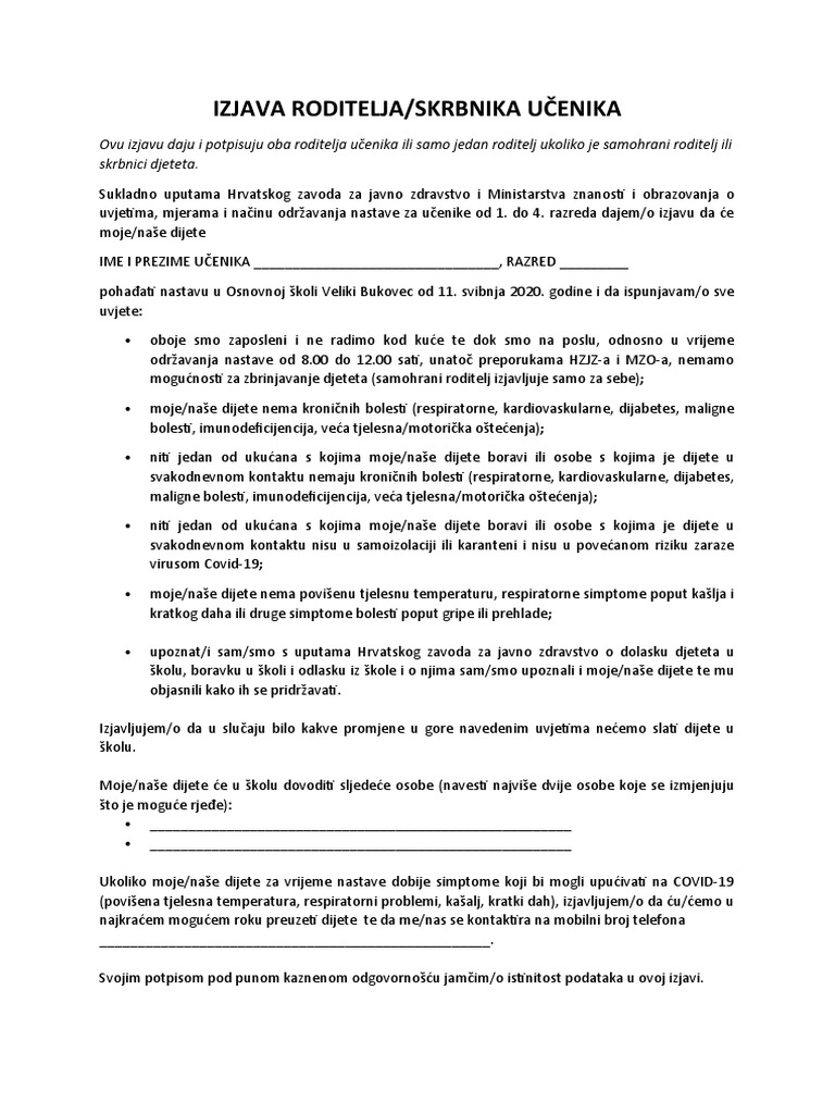 Izjava Roditelja Covid-19 | PDF