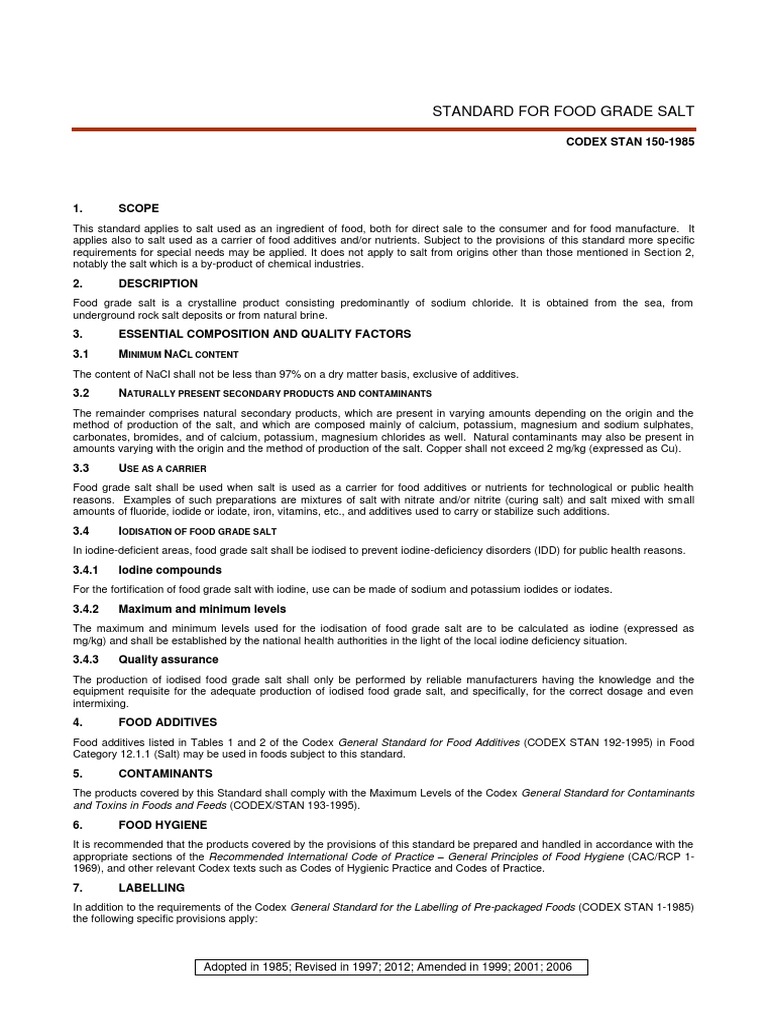 Standard For Food Grade Salt PDF | PDF | Salt | Sodium Chloride