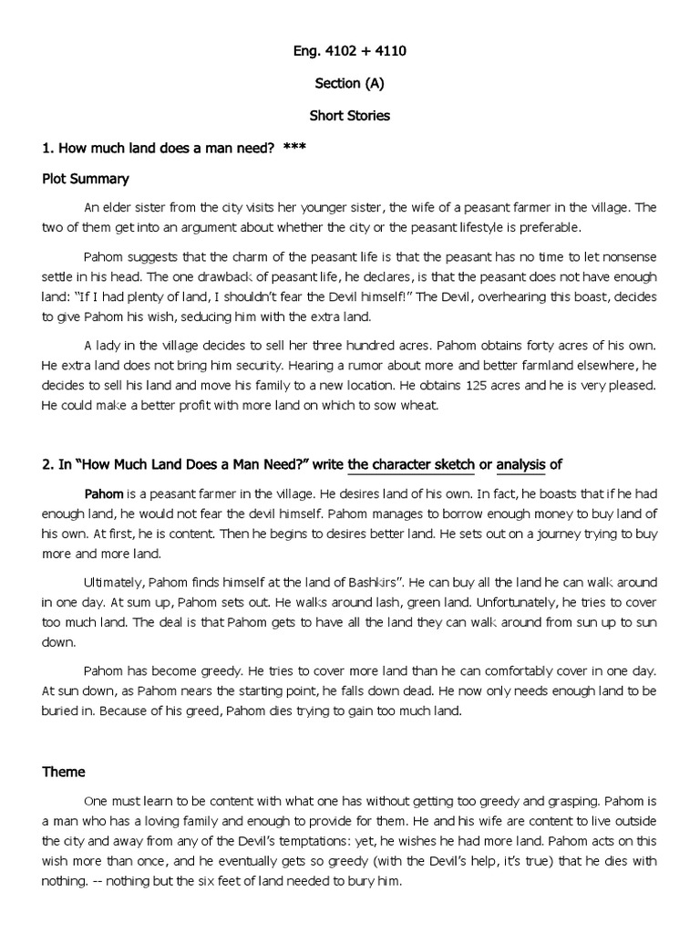 Eng. 4102 + 4110 Section (A) Short Stories 1. How Much Land Does A Man ...