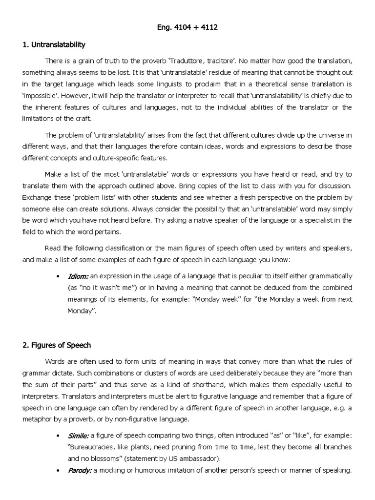 Eng. 4104 + 4112 1. Untranslatability: Idiom | PDF | Idiom | Translations