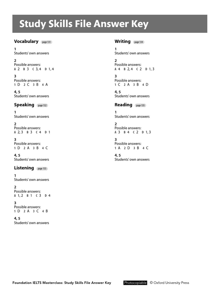 Study Skills File Answer Key: Vocabulary Writing | PDF