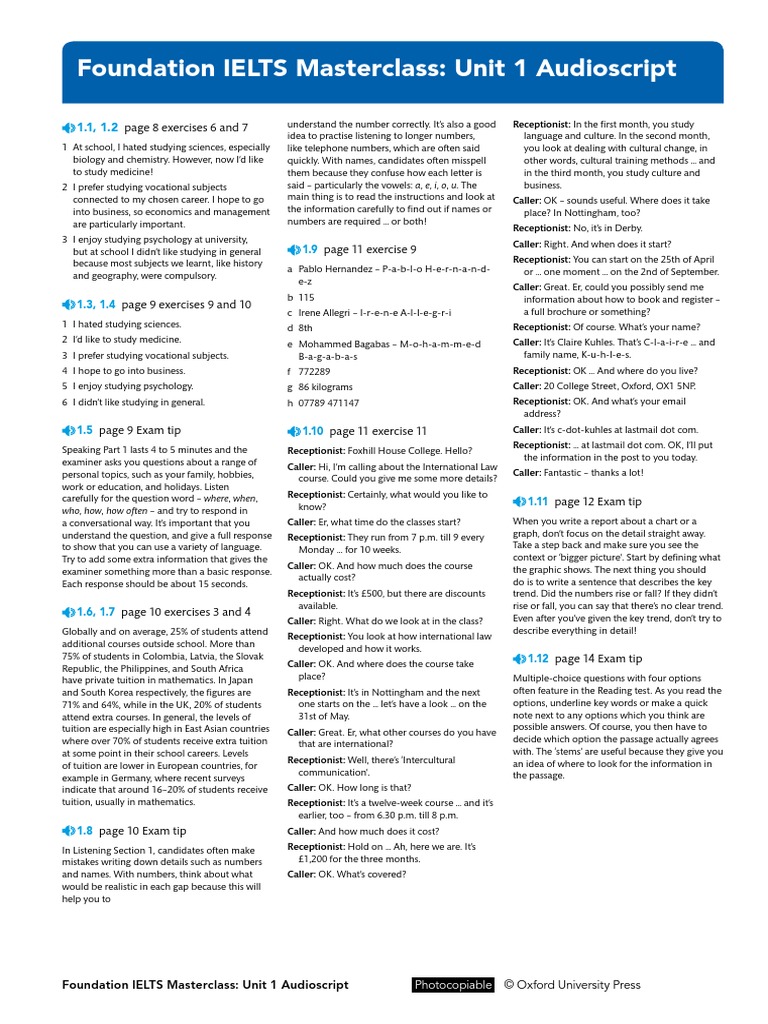 Foundation IELTS Masterclass: Unit 1 Audioscript: Page 8 Exercises 6 and 7 | Download Free PDF ...