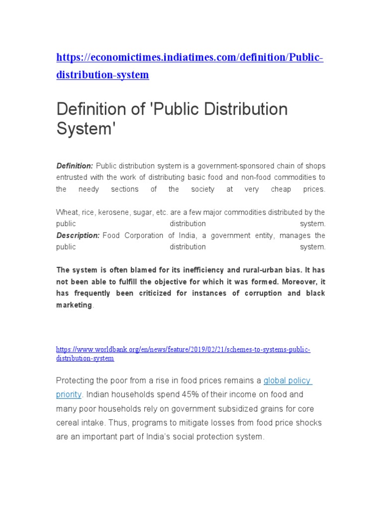 Definition of 'Public Distribution System' | PDF | Food Security ...