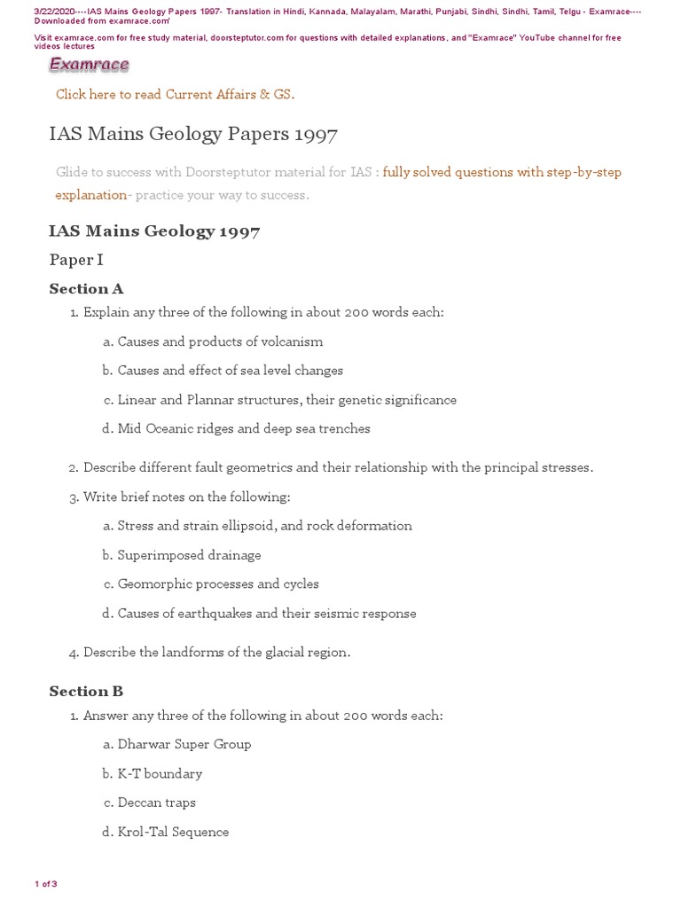 IAS Mains Geology Papers 1997: Examrace | Download Free PDF | Geology ...