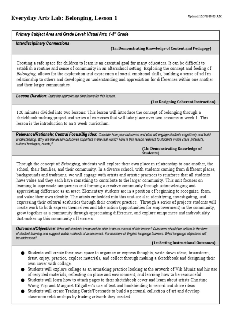 Everyday Arts Lab: Belonging, Lesson 1 | PDF | Differentiated ...