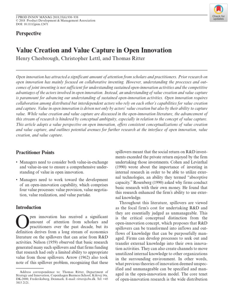 Value Creation and Value Capture in Open Innovation | PDF | Innovation ...