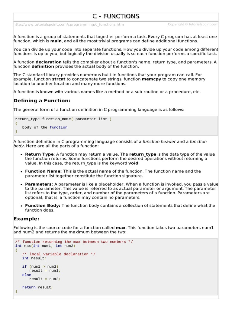 C Functions Pdf Pdf Parameter Computer Programming Subroutine 1901
