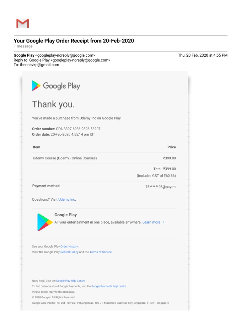 Gmail - Your Google Play Order Receipt From 20-Feb-2020 PDF | PDF
