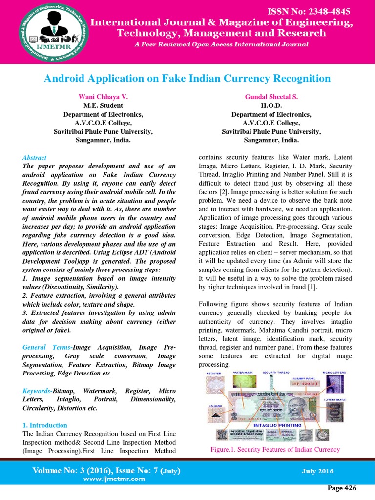 Android Application On Fake Indian Currency Recognition: Wani Chhaya V ...