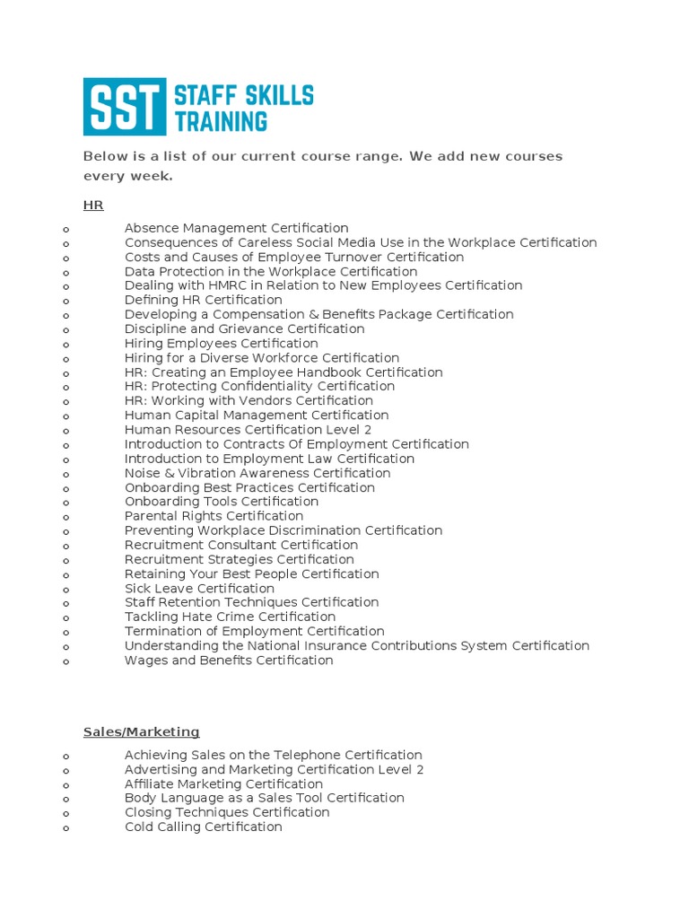 Below Is A List of Our Current Course Range. We Add New Courses Every ...
