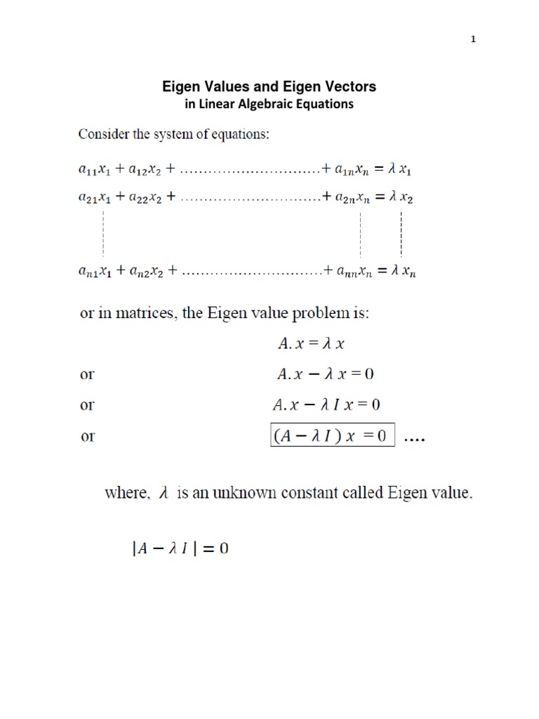 Eigen Values and Eigen Vectors in Linear Algebraic Equations | PDF ...
