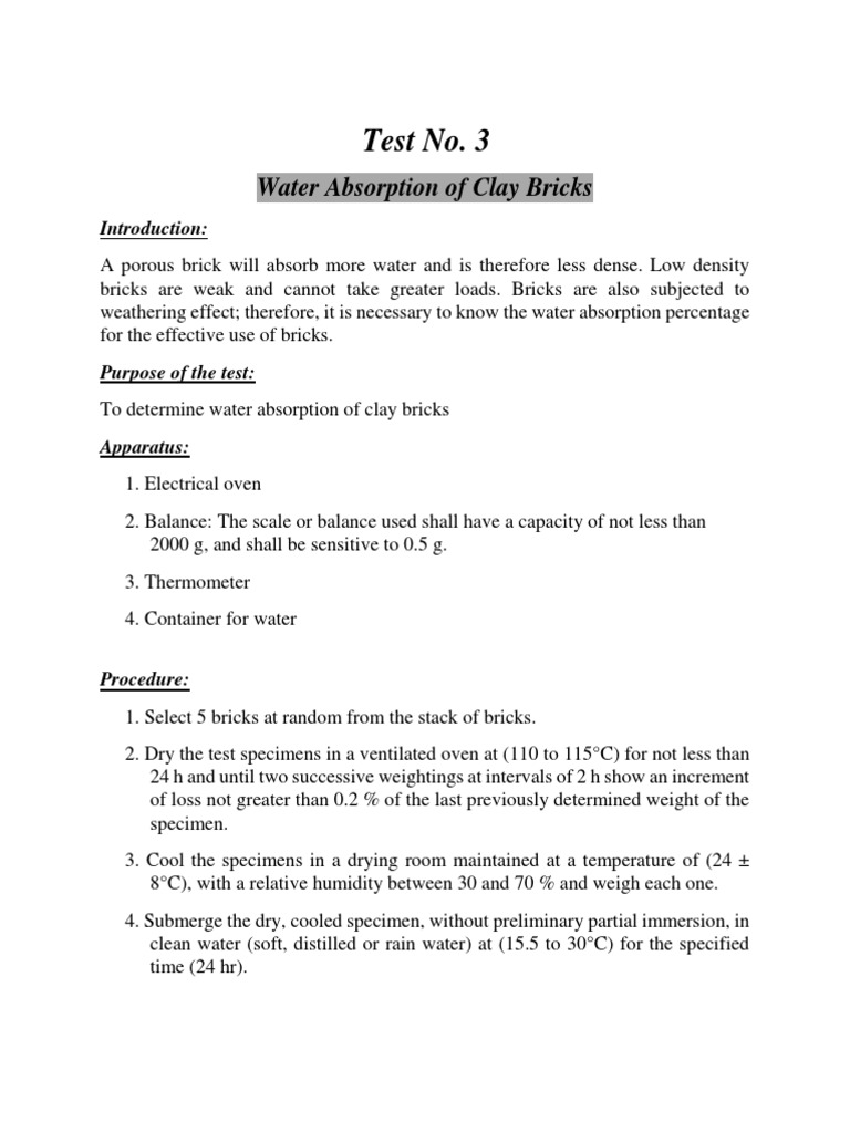 3 - Water Absorption of Bricks | PDF | Brick | Water