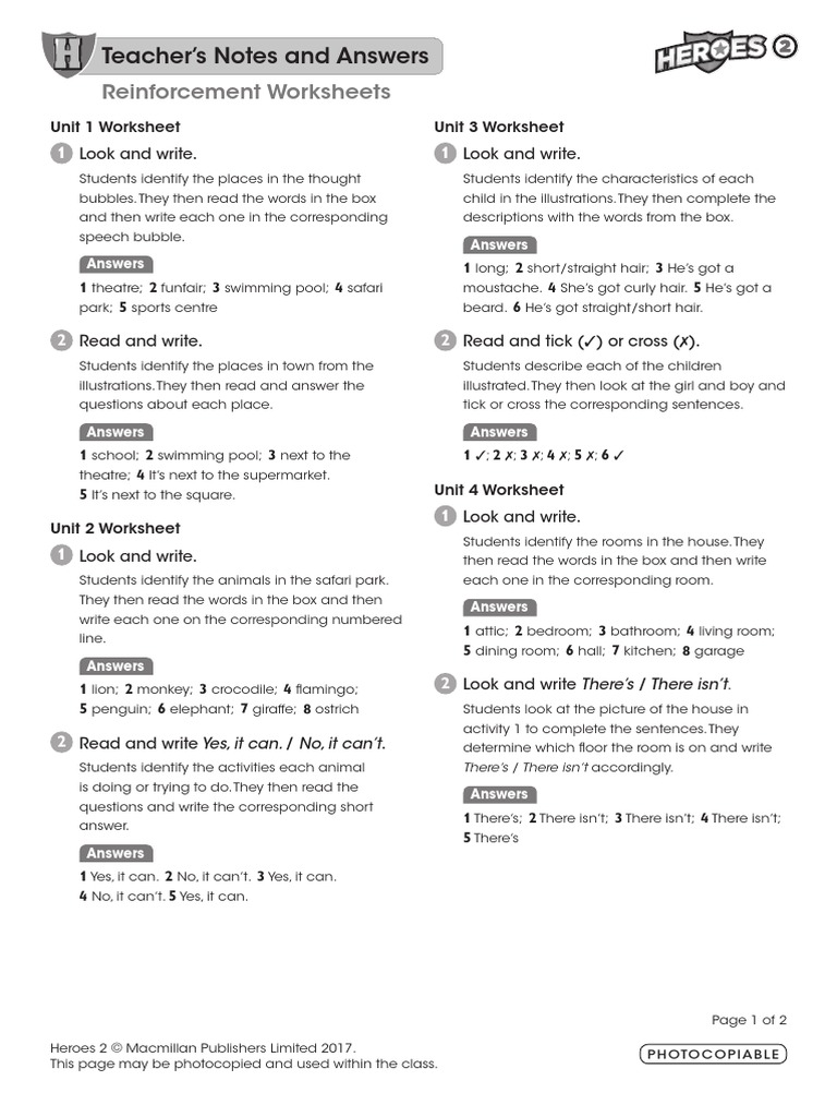Reinforcement Worksheets: Teacher's Notes and Answers | PDF