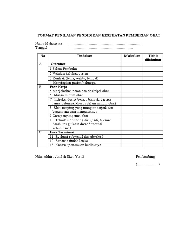 Format Penilaian Pendidikan Obat | PDF