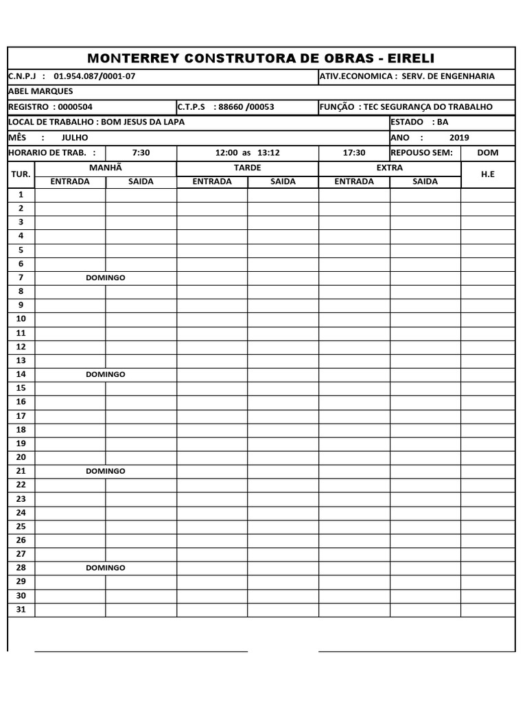 Cartão Ponto - Modelo | PDF