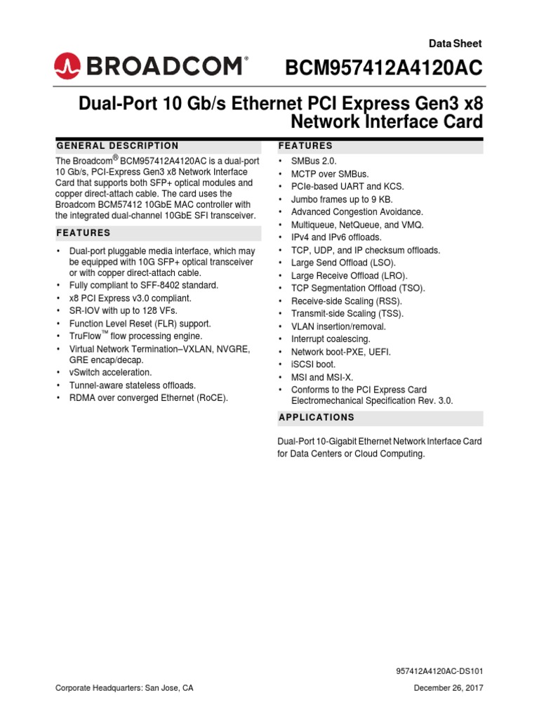 BCM957412A4120AC: Dual-Port 10 Gb/s Ethernet PCI Express Gen3 x8 ...