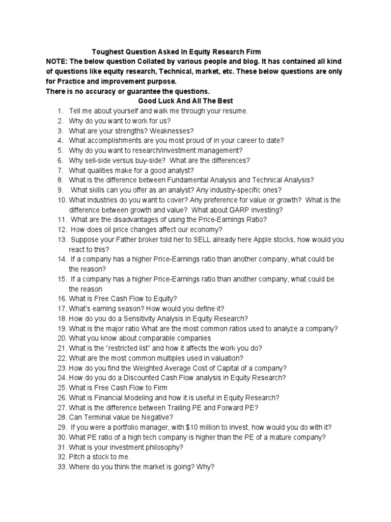 Equity Research Interview Questions PDF | PDF | Discounted Cash Flow ...