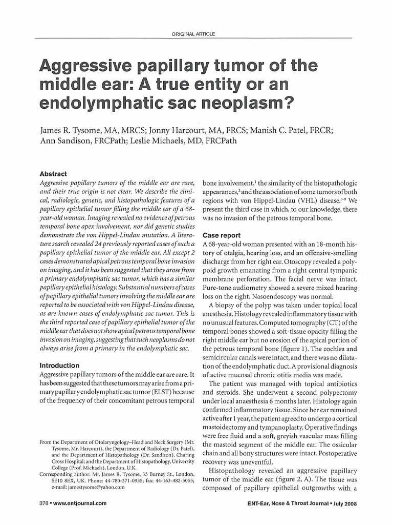 Aggressive Papillary Tumor of The Middle Ear: A True Entity or An ...