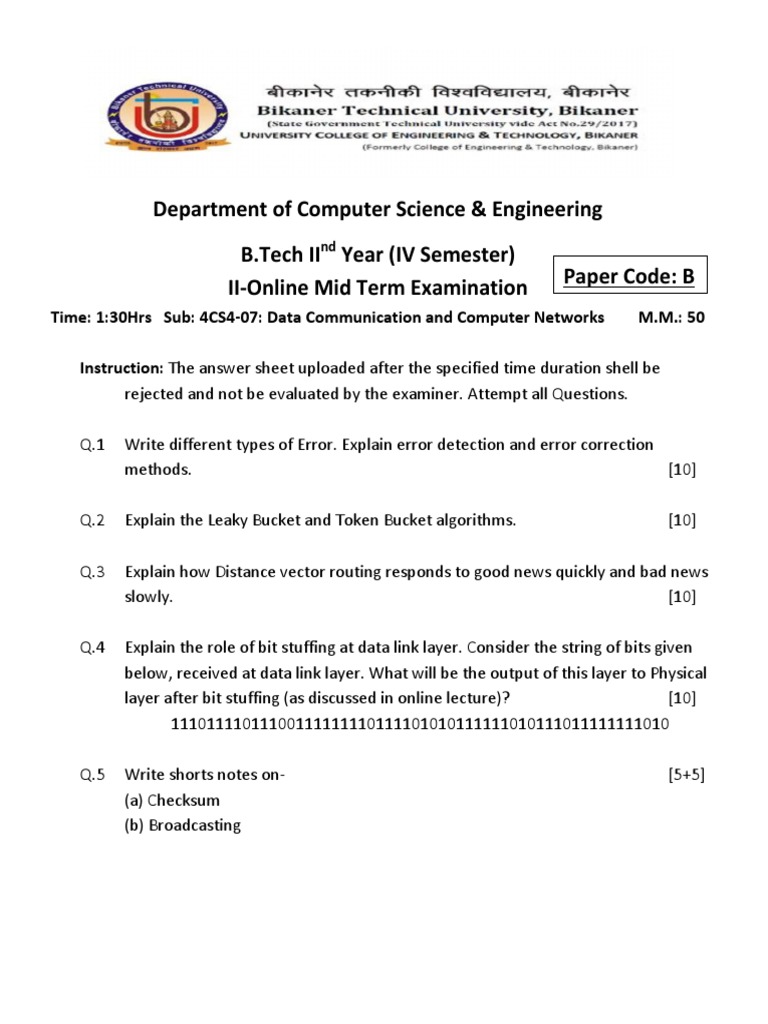 DCCN Paper II Mid Term IV Sem Code B | PDF | Computers