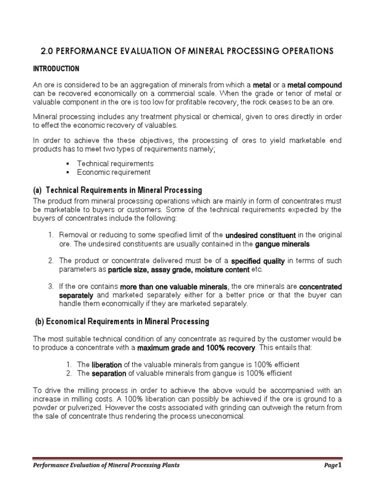 2.0 Performance Evaluation of Mineral Operations | PDF | Mill (Grinding ...