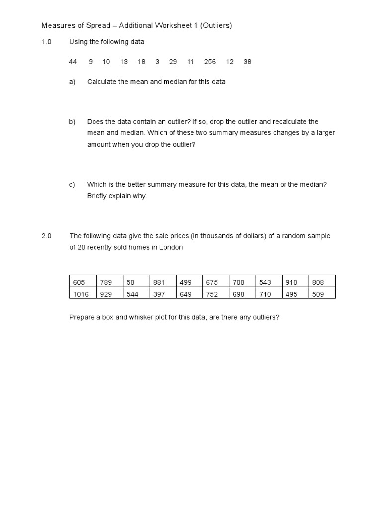 Measures of Spread - Additional Worksheet 1 (Outliers) | PDF
