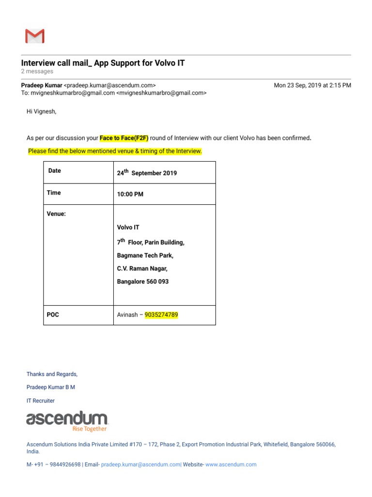 Interview Call Mail - App Support For Volvo IT: 2 Messages | PDF