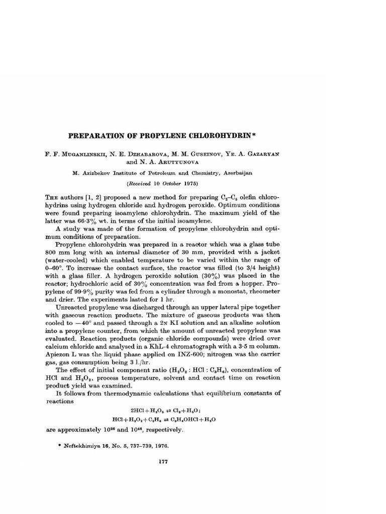 Preparation of Propylene Chlorohydrin : Guseinov | PDF