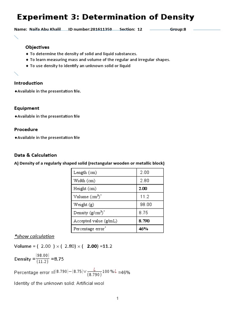 Experiment 3: Determination of Density: Objectives | Download Free PDF ...