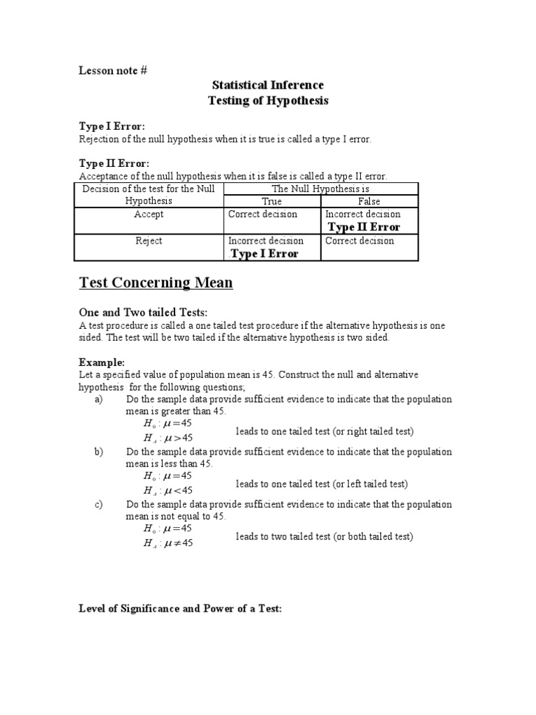 Test Concerning Mean: Lesson Note # | PDF | Statistical Hypothesis ...