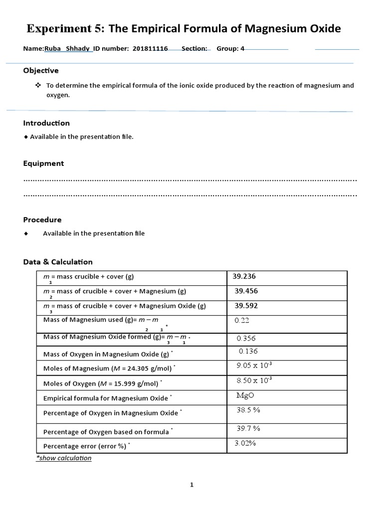 Experiment 5: The Empirical Formula of Magnesium Oxide: Objective ...