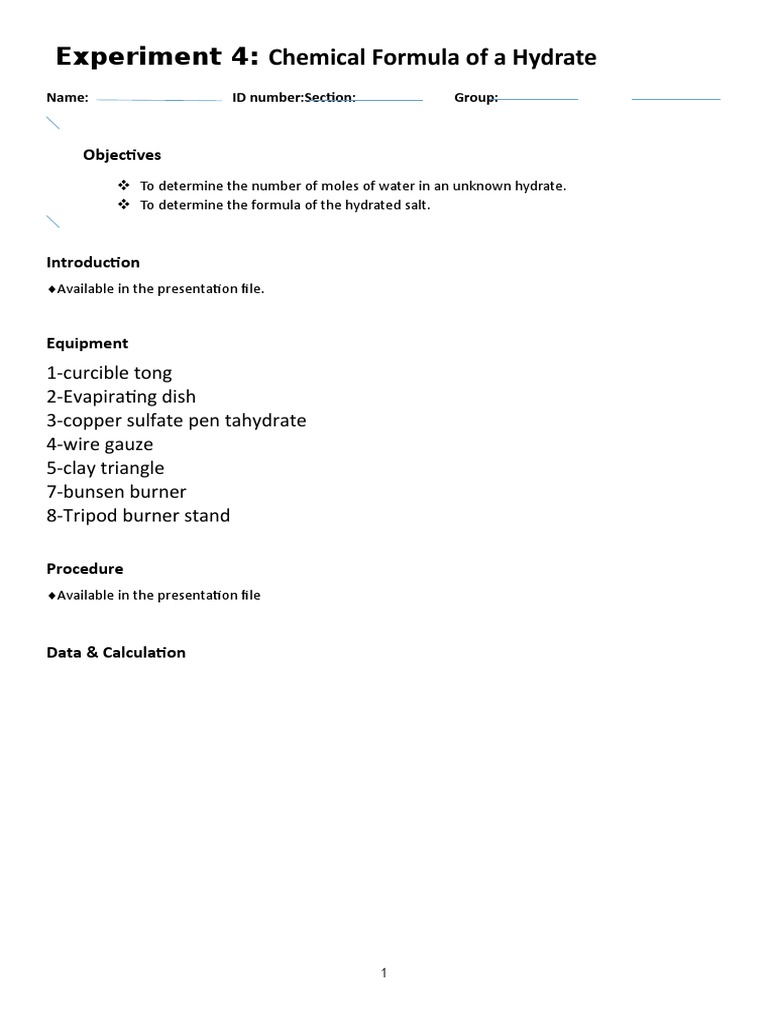 Experiment 4: Chemical Formula of A Hydrate | PDF | Mole (Unit ...