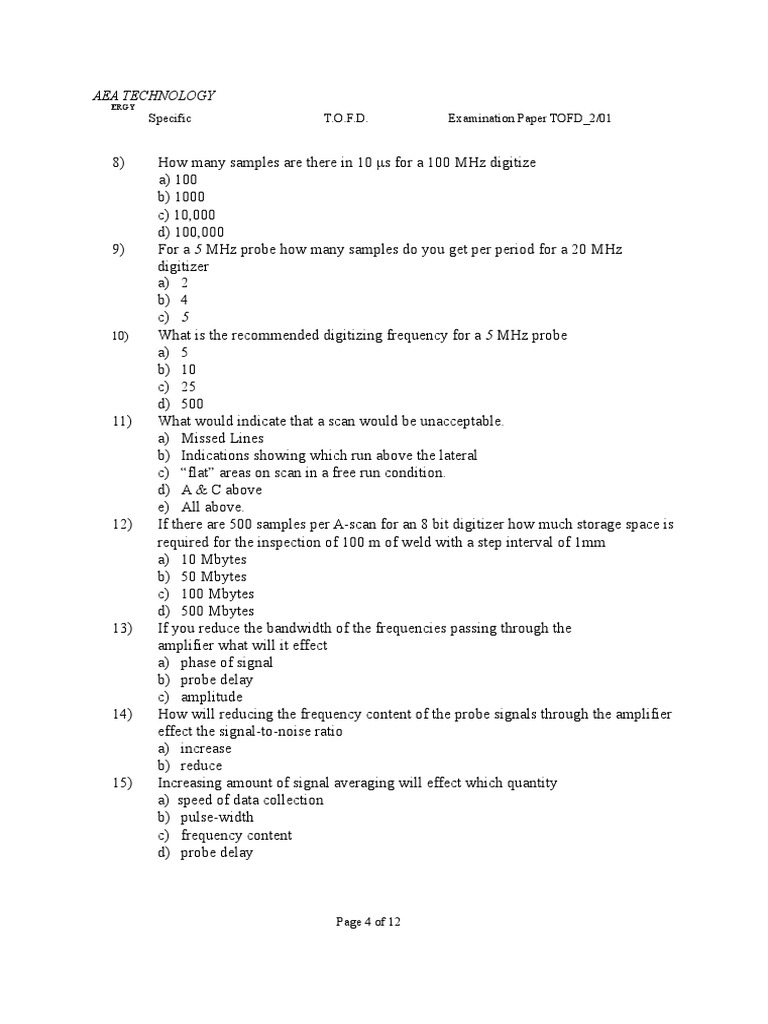 TOFD Examination Multiple Choice Test: Questions Covering Sample Rates ...