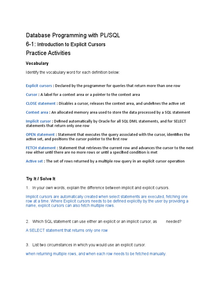 Database Programming With Pl Sql 6 1 Practice Activities Introduction To Explicit Cursors
