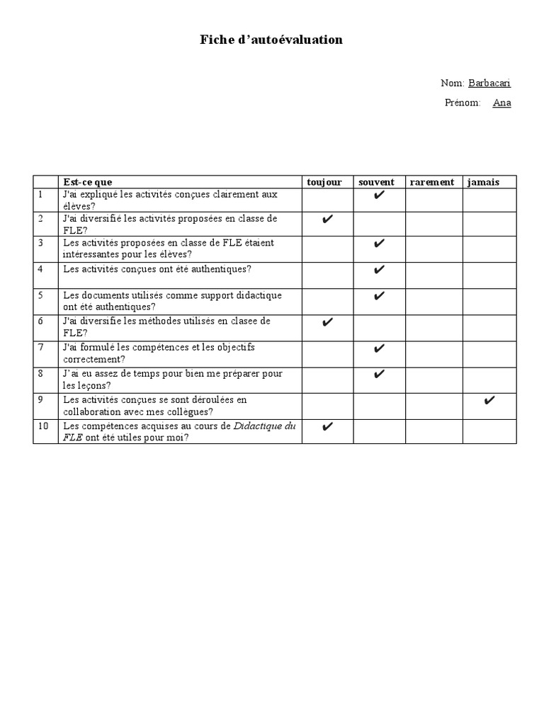 Fiche D'autoévaluation | PDF