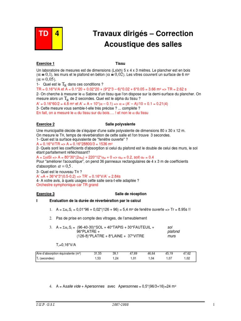 Correction TD Acoustique des Salles | PDF | Son (physique) | Mécanique des milieux continus