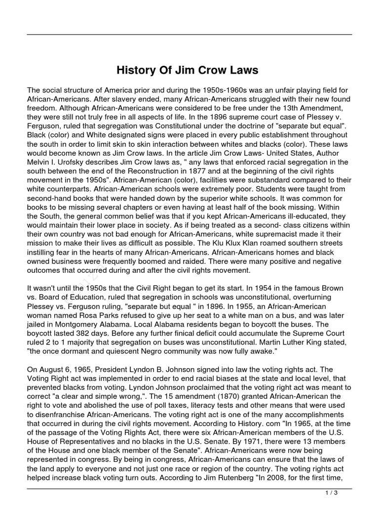 History of Jim Crow Laws | PDF | Racial Segregation In The United ...