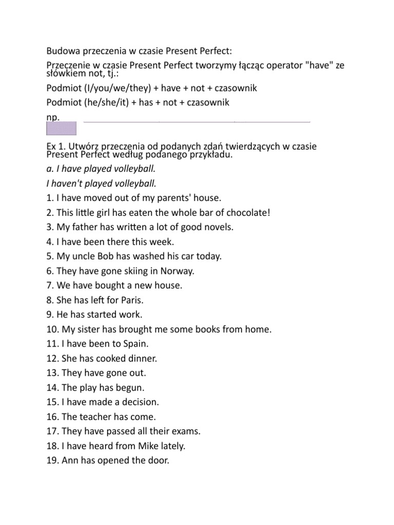 Present Perfect - Przeczenia (Notatka + Ćwiczenia) | PDF