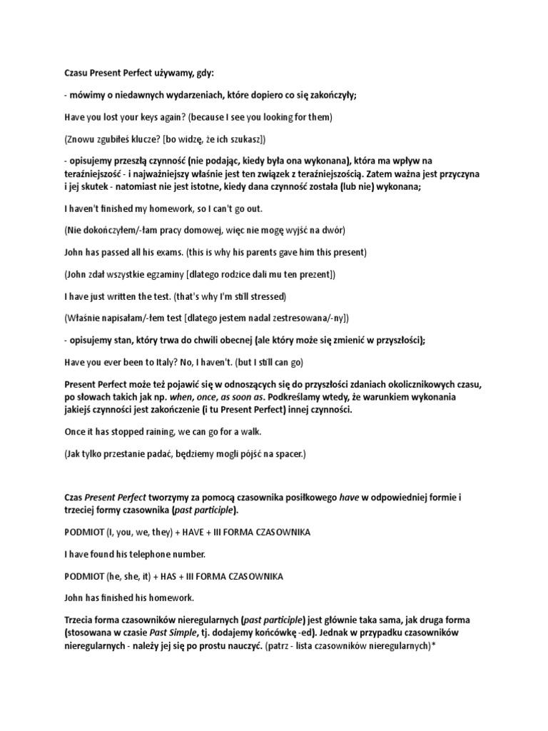 Present Perfect - Twierdzenia (Notatka+ćwiczenie) | PDF