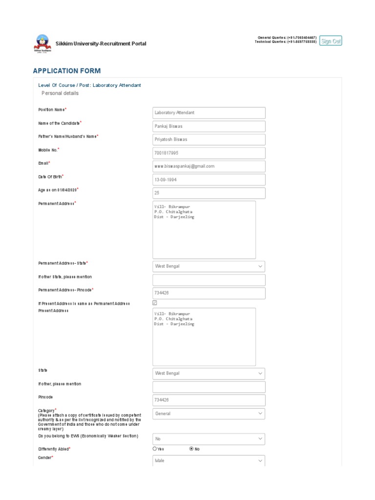 Application Form: Sikkim University-Recruitment Portal | PDF | Doctor ...