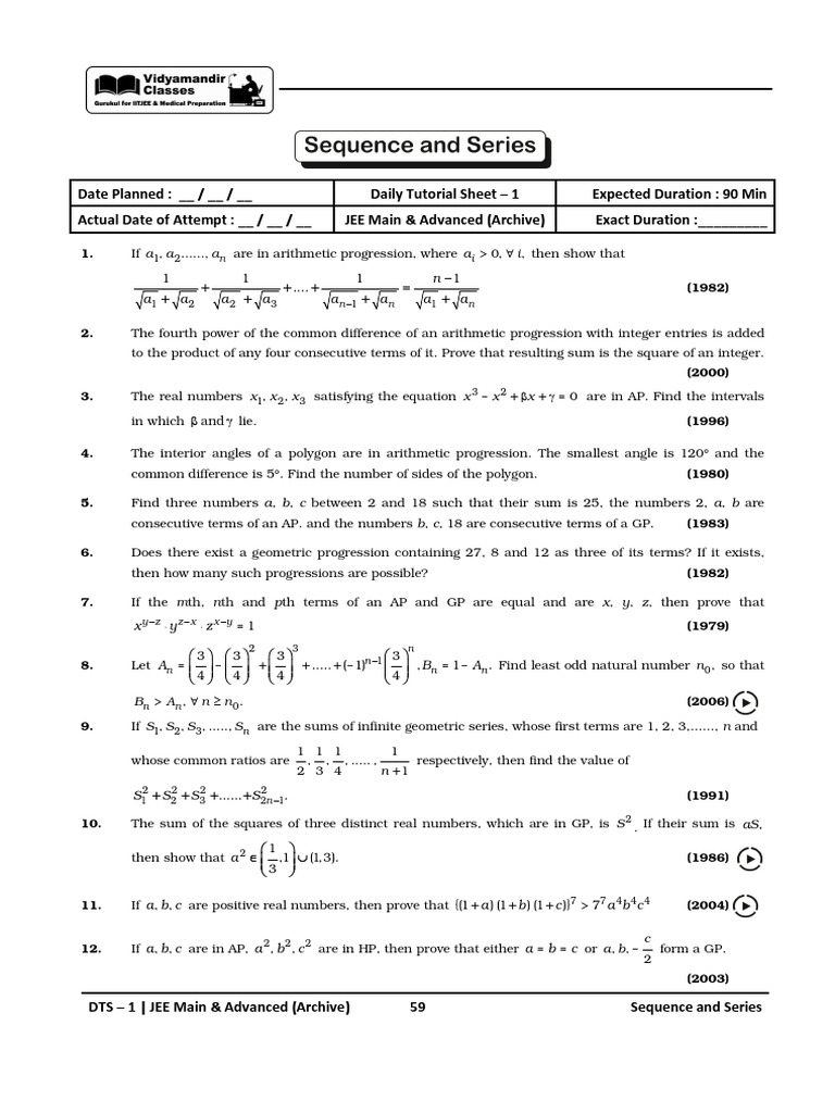 Sequence and Series - JEE Main & Adv. Archive - DTS - 1 | PDF ... Sequence and Series - JEE Main & Adv. Archive - DTS - 1 | PDF ...