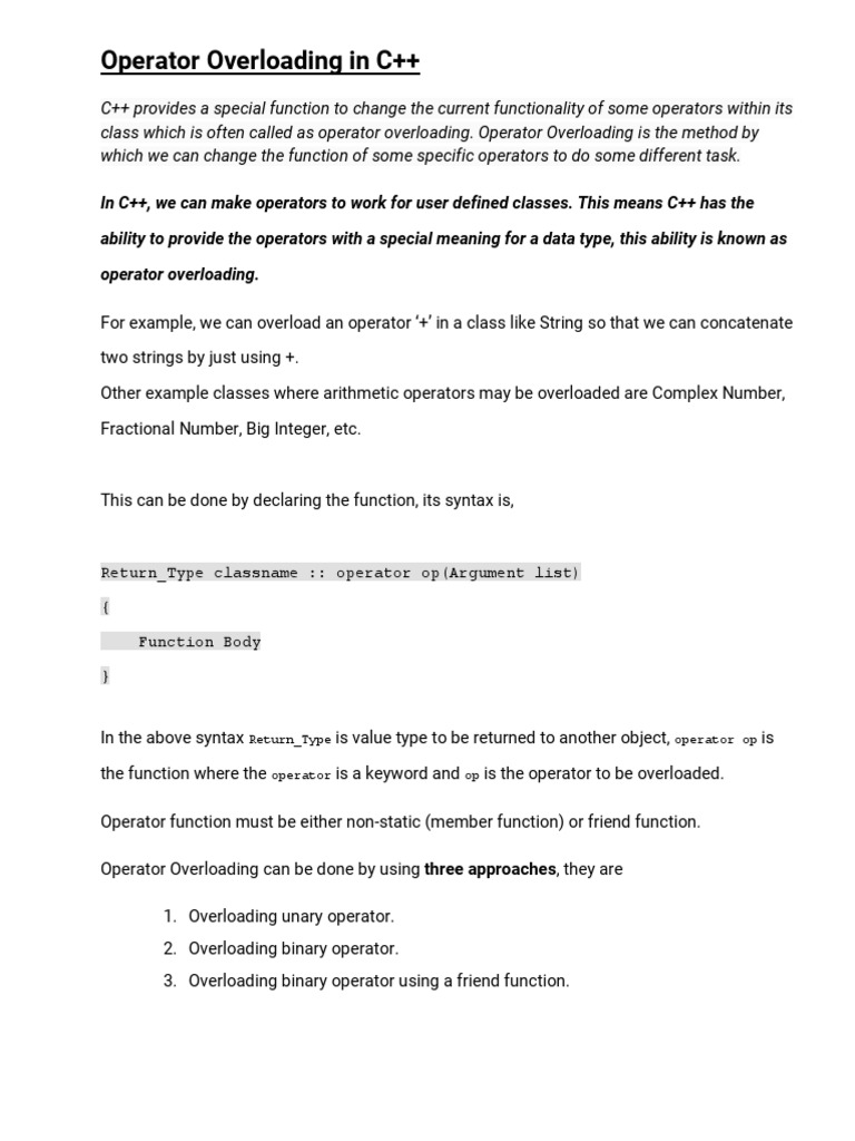 Operator Overloading in C++ | PDF | Subroutine | Parameter (Computer Programming)
