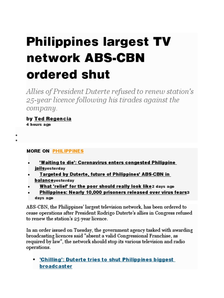 Philippines Largest TV Network ABS ORDERED SHUT 05.05.20 | PDF ...