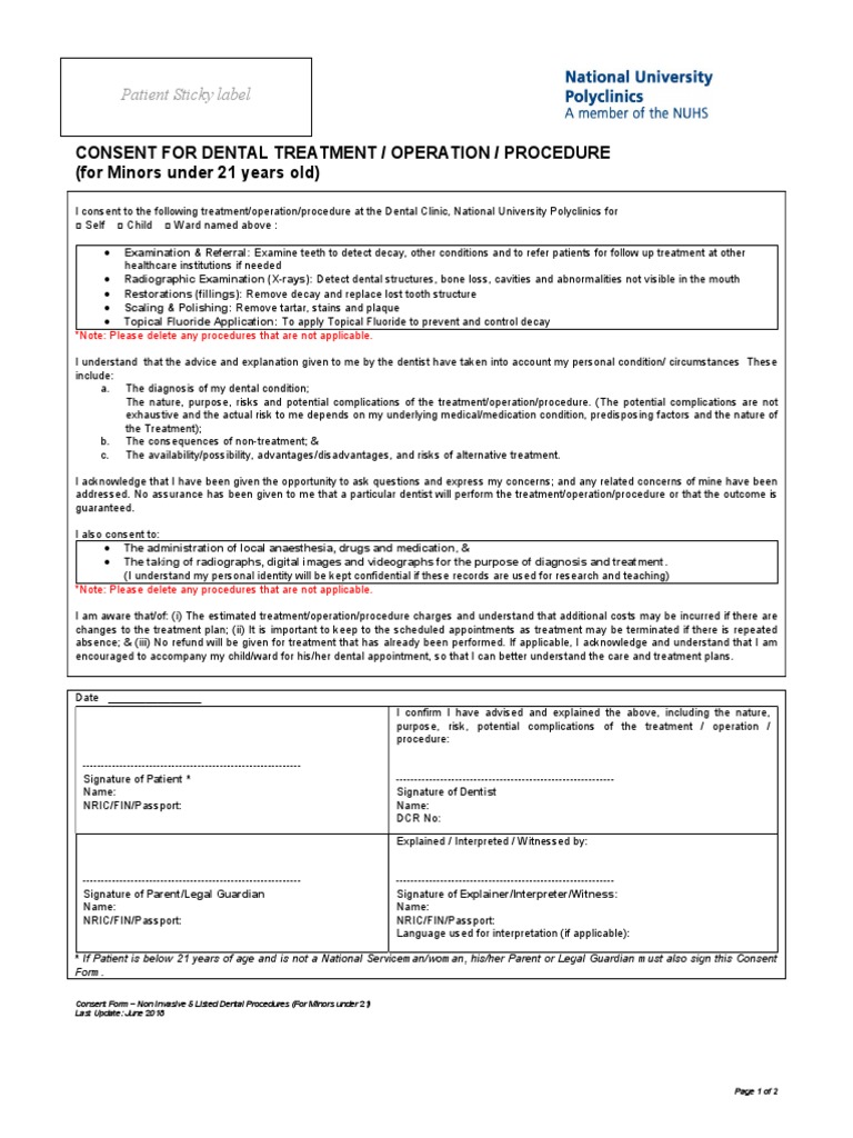 Consent Form for Minor Dental Treatment | PDF | Dentist | Dentistry