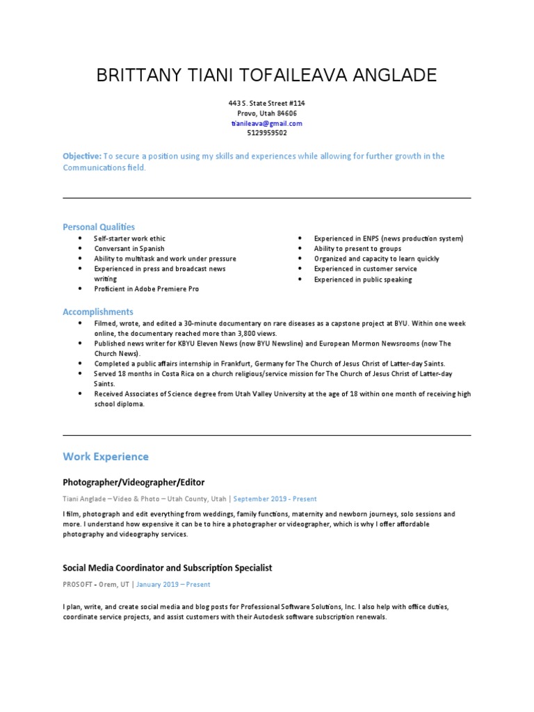 Brittany Tiani Anglade - Resume | PDF | News