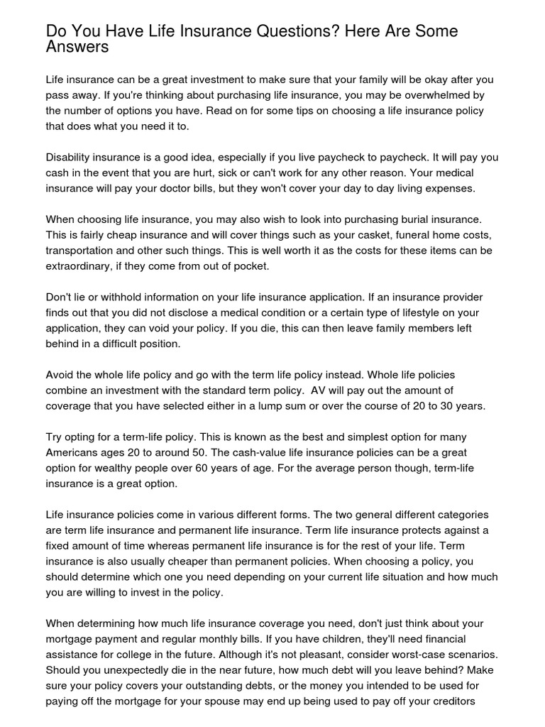 Do You Have Life Insurance Questions? Here Are Some Answers | PDF ...